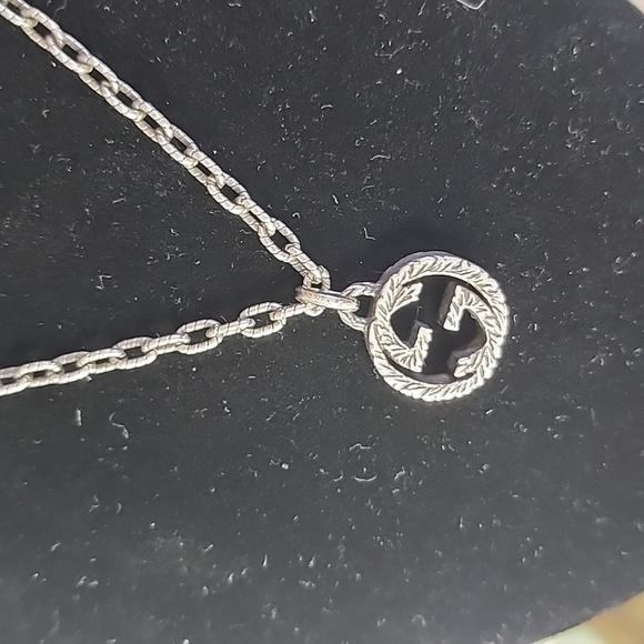 Gucci | Jewelry | Gucci Gg Gunmetal Logo Charm Sterling Silver Necklace ...